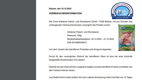 Listerien: Anklamer Fleisch- und Wurstwaren rufen Filetwurst zurück ... Listerien: Anklamer Fleisch- und Wurstwaren rufen Filetwurst zurück ...
